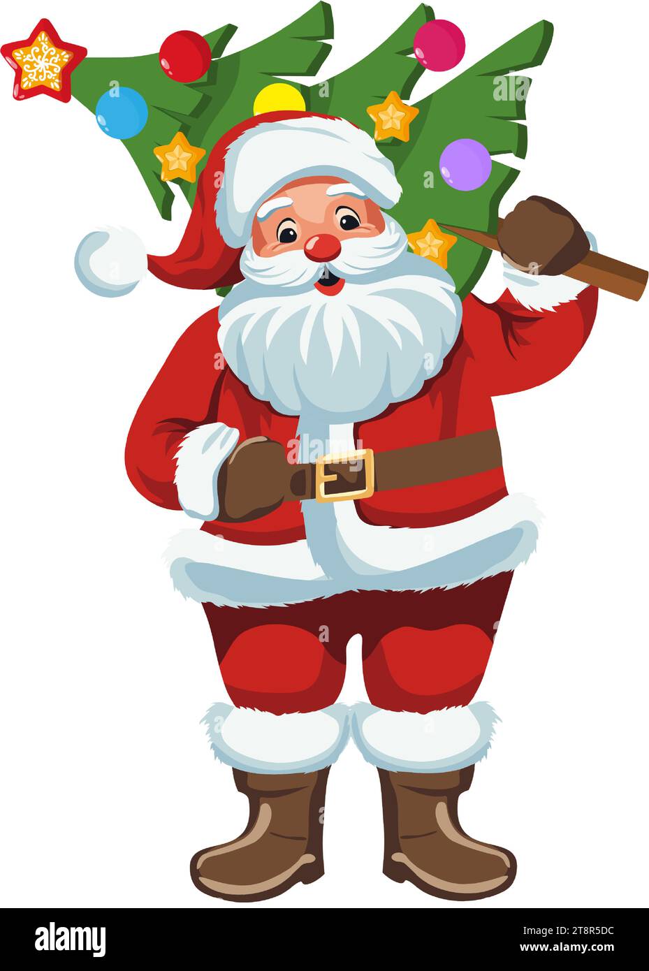 Santa Claus holds a decorated Christmas tree on his shoulder. Cartoon ...