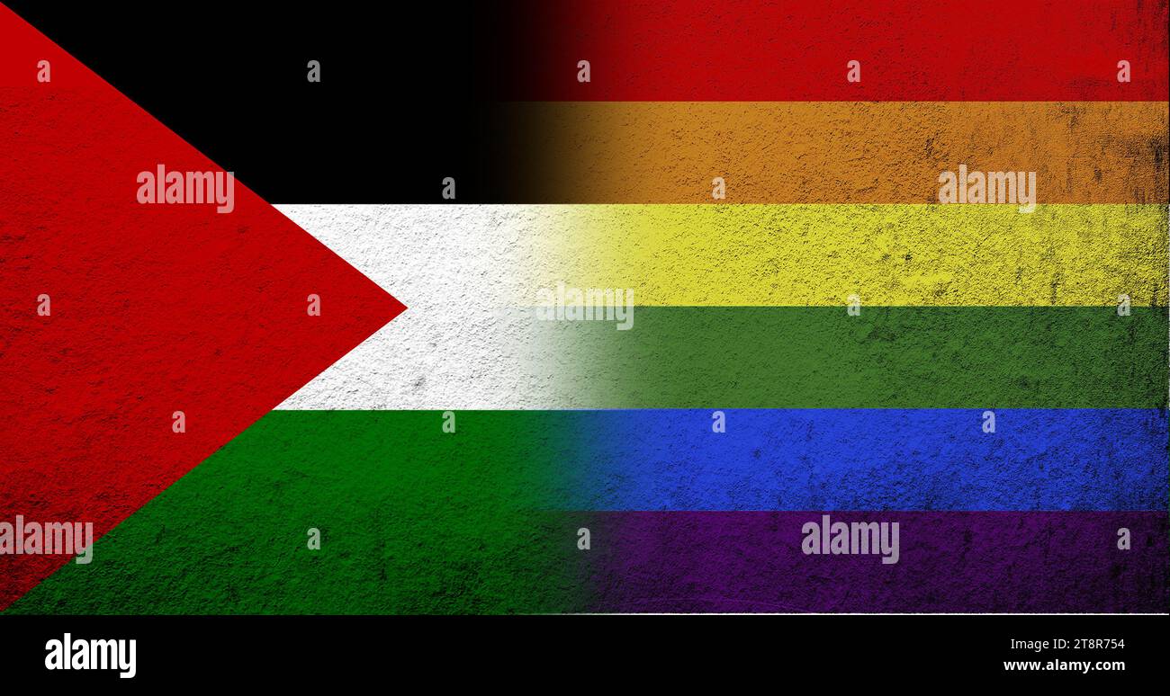 Flag of Palestine and Rainbow LGBT pride flag. Grunge background Stock ...
