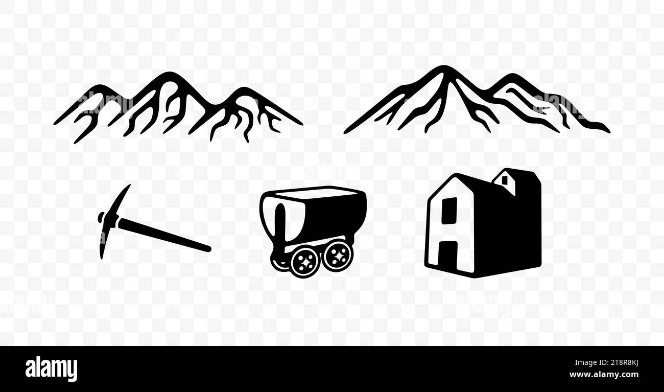 Set mining industry, mountains, mine, mine cart and pickaxe, graphic ...