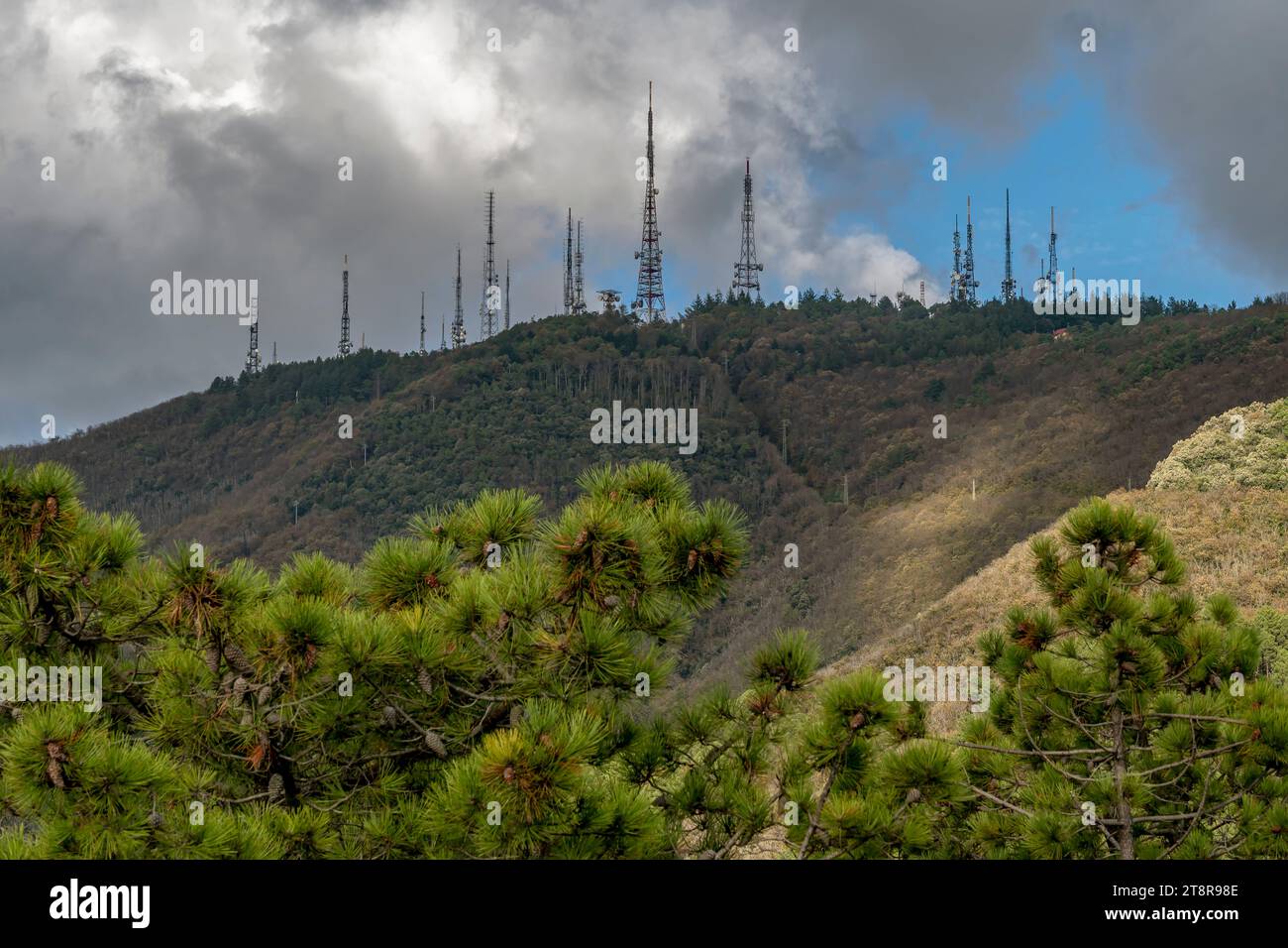 The summit of Monte Serra, Pisa, Italy, with antennas in the background ...