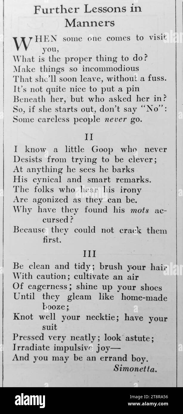 1926 LIFE magazine Further lessons in manners satirical poetry Stock ...