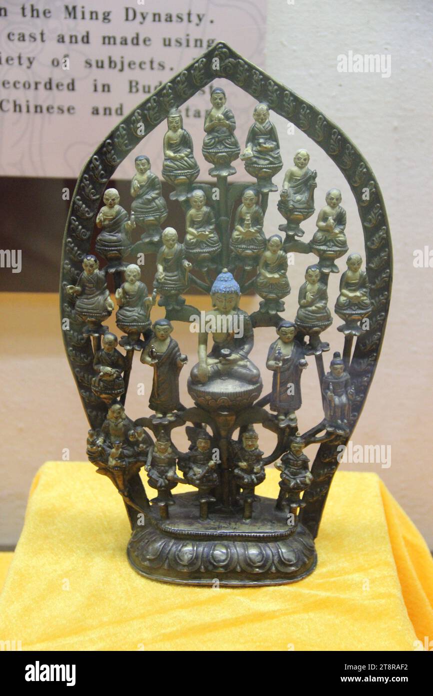 Brass Sakyamuni Buddha with 18 Arhats, 17th-18th Century, Tibetan ...