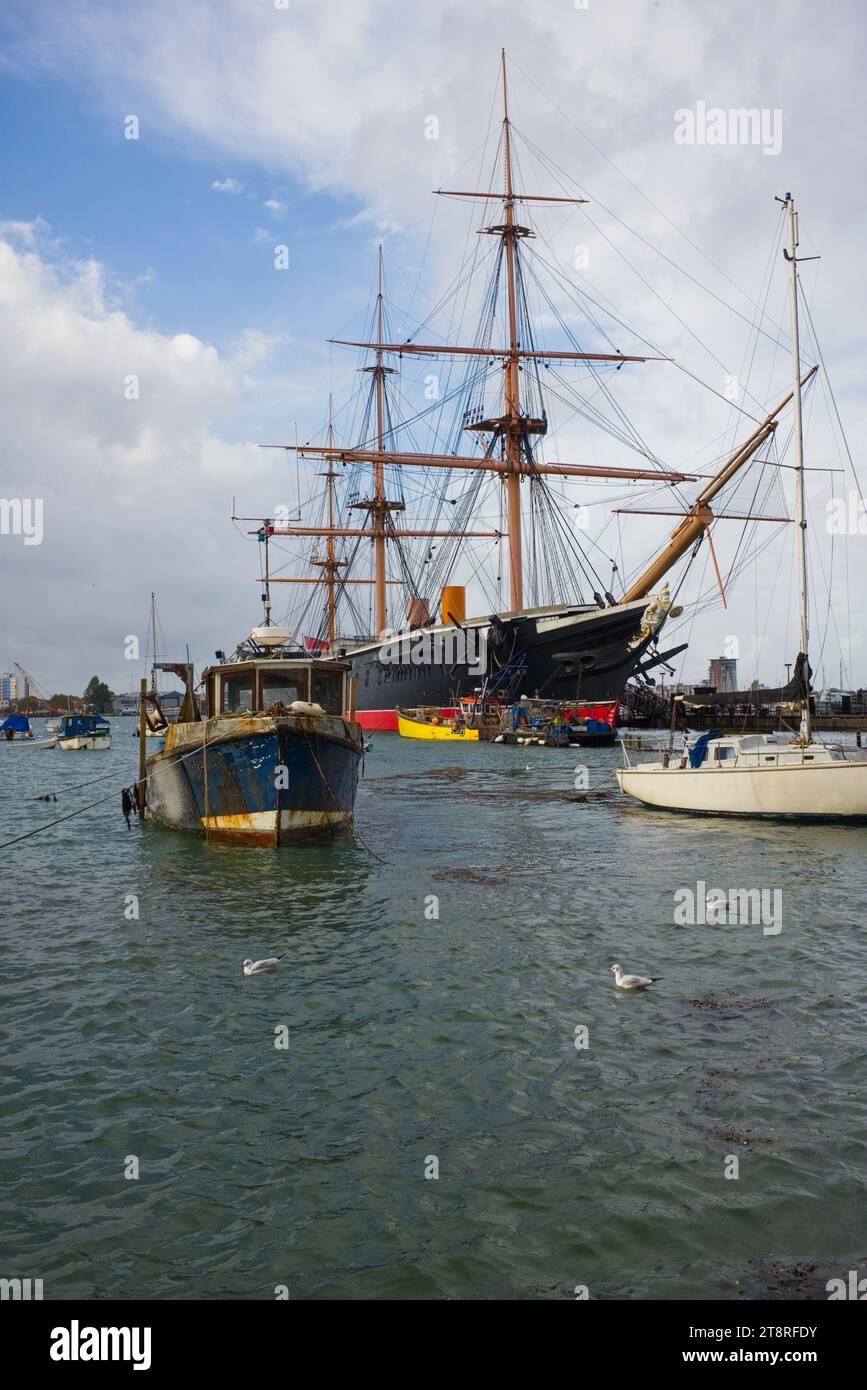 HMS Warrior surrounded by modern small boats viewed from The Hard ...