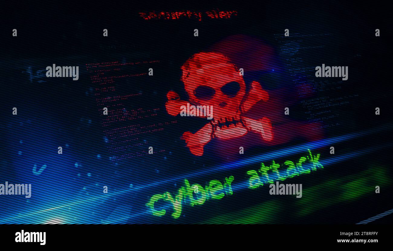 Cyber attack with skull symbol technology concept. Abstract sign on ...