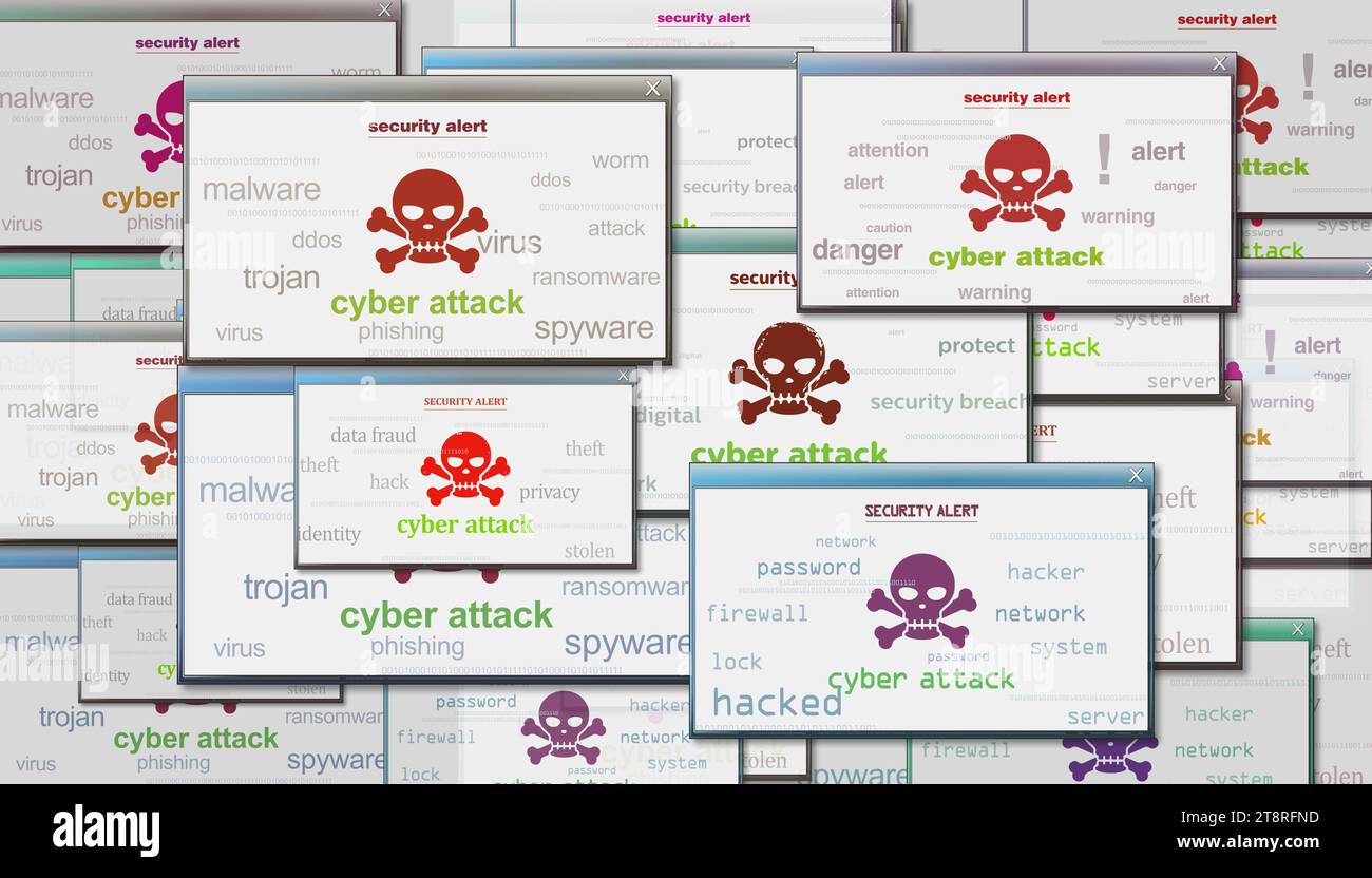 Cyber attack with skull symbol technology concept. Abstract sign on pop ...