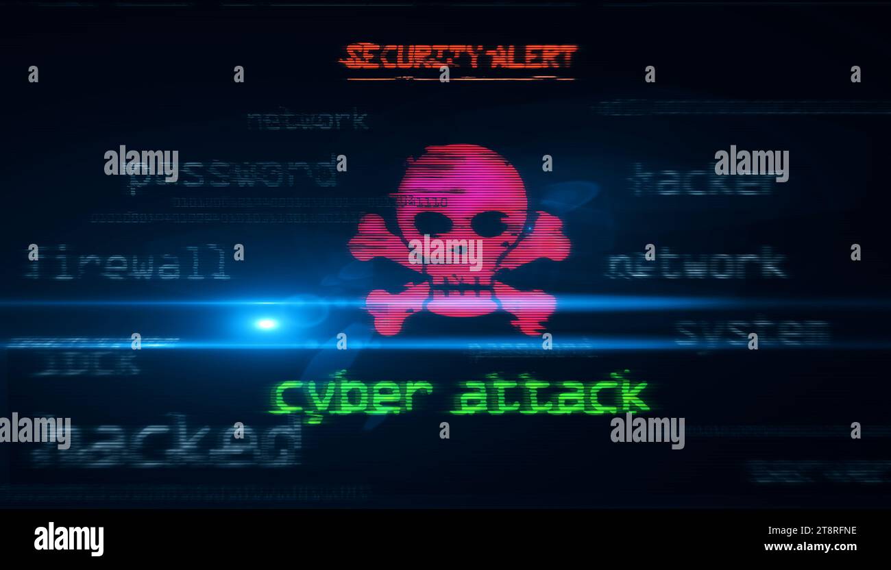 Cyber attack with skull symbol technology concept. Abstract sign on ...