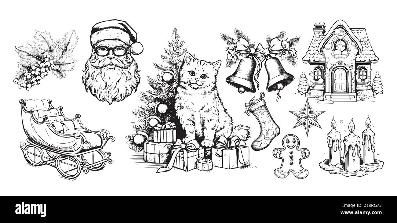 Christmas hand drawn decorations, vector elements. Traditional ...