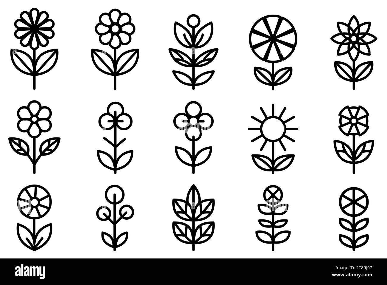 Flower icons set. Linear flower icons in flat style. Wildflowers and ...