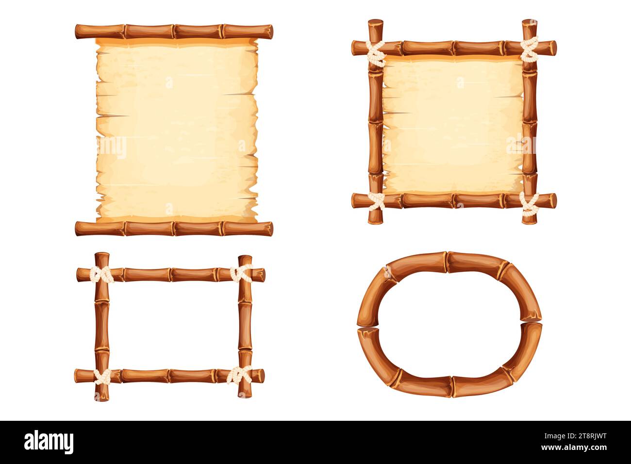 Set Bamboo frames with old parchment paper decorated with rope in ...
