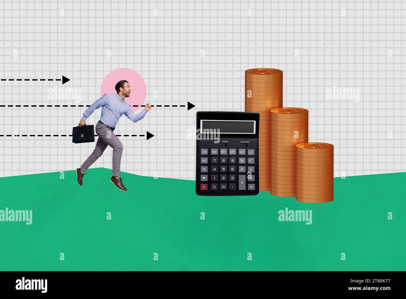 Poster banner collage of successful rich man going fast counting money ...