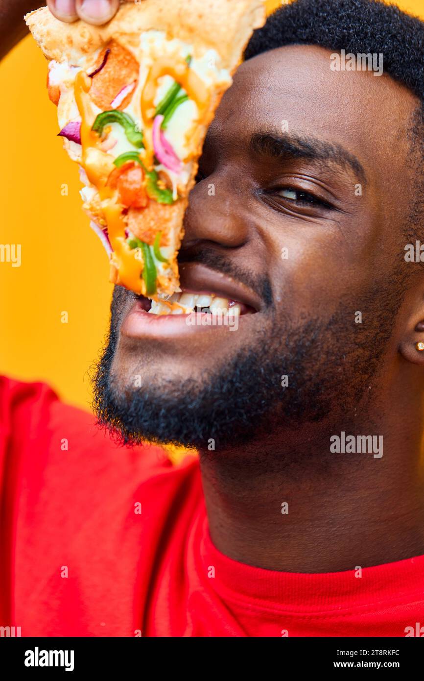 happy man meal fast pizza delivery smile black food masculine ...