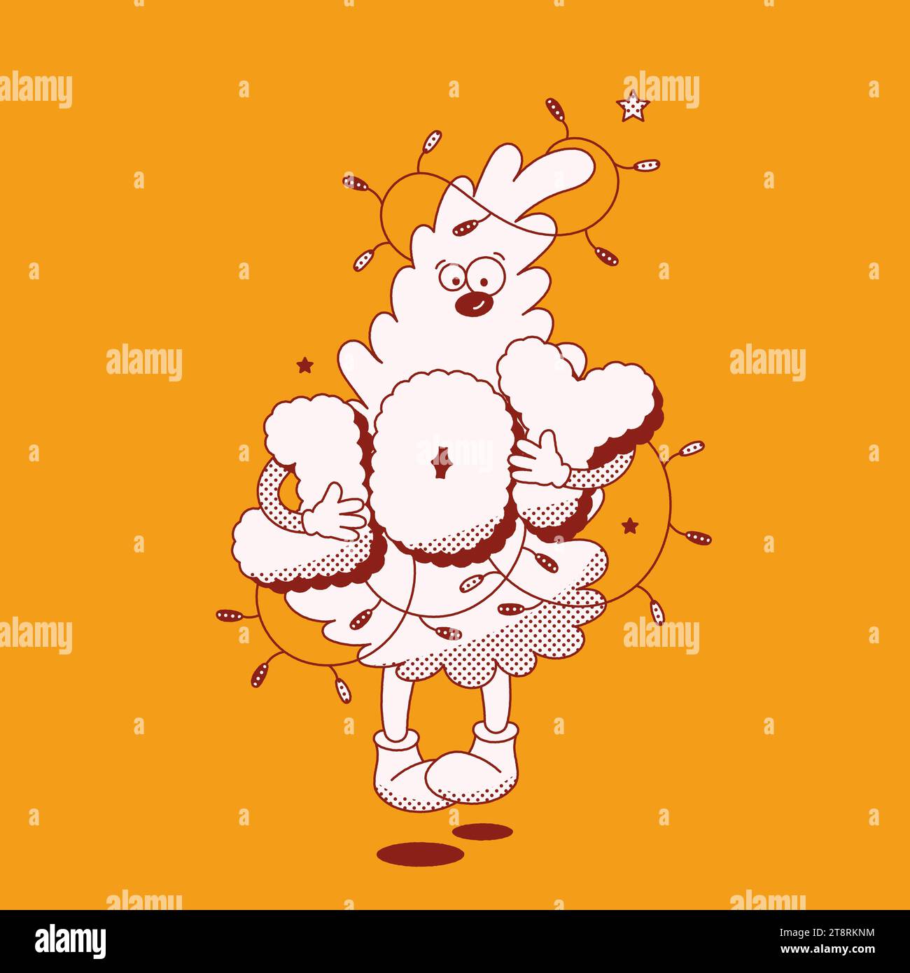 Christmas groovy mascot tree character with letters Joy on yellow ...
