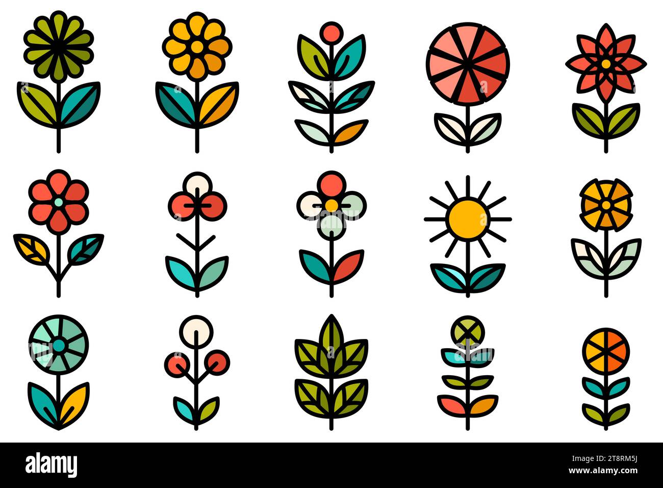 Flower icons set. Colorful flower icons in flat style. Wildflowers and ...