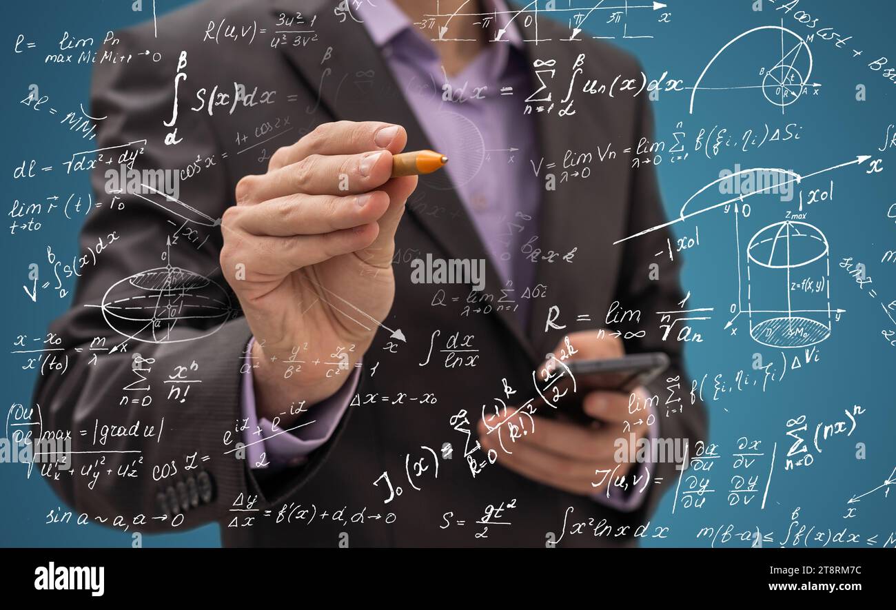 Mathematical expressions with business hand pointing a finger at a formula. Solution to the ...