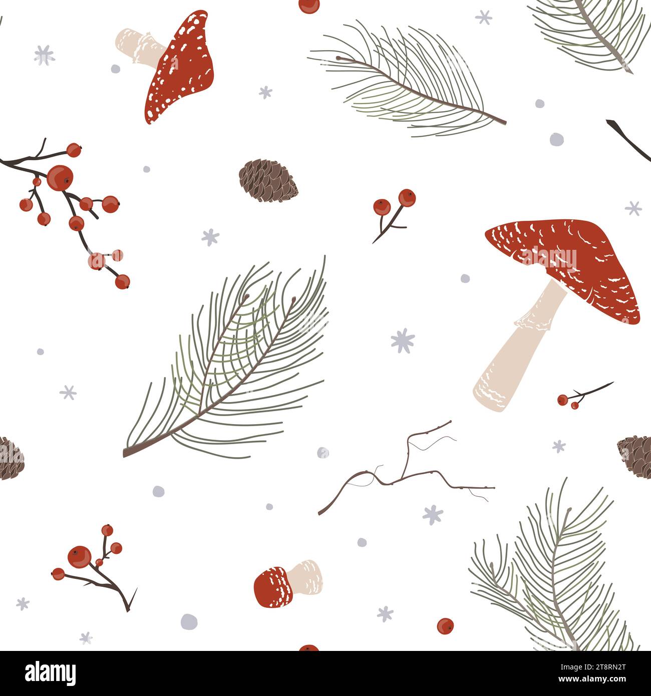 Christmas seamless pattern with fly agaric mushrooms, pine cone and ...