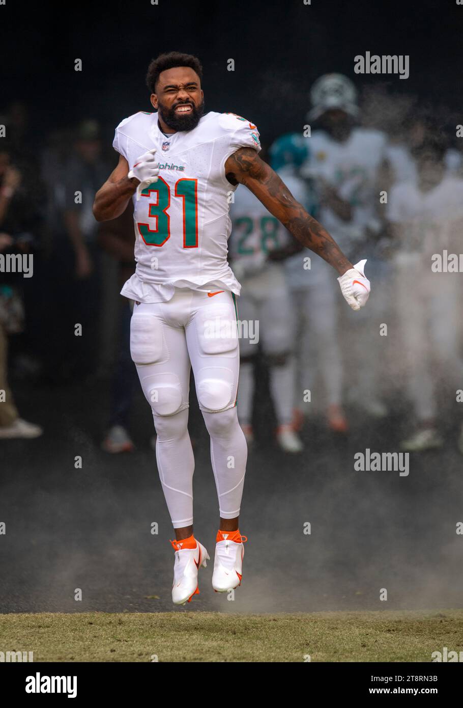 Miami Dolphins running back Raheem Mostert (31) runs onto the field before an NFL football game ...