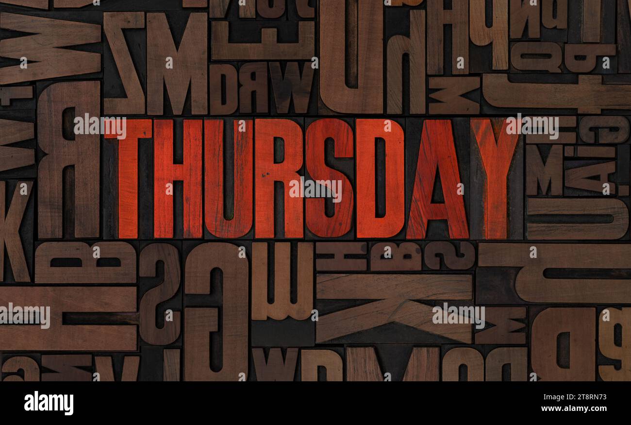 Retro letterpress wood type printing blocks - Thursday Stock Photo - Alamy