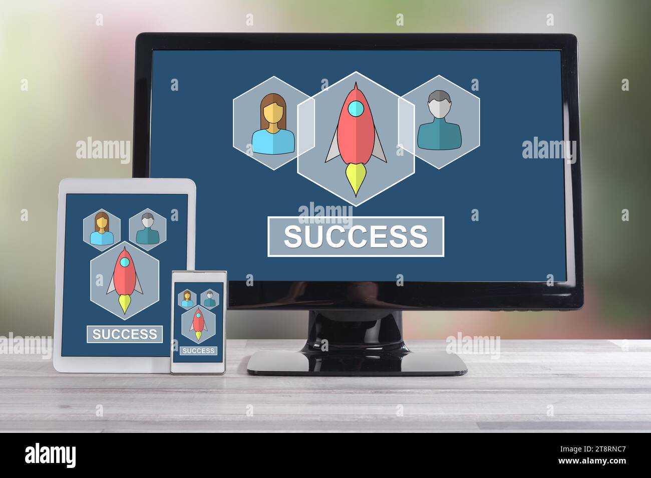 Business success concept shown on different information technology ...