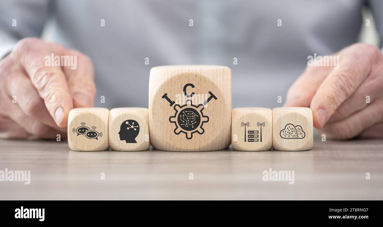 Wooden blocks with symbol of ict concept Stock Photo - Alamy