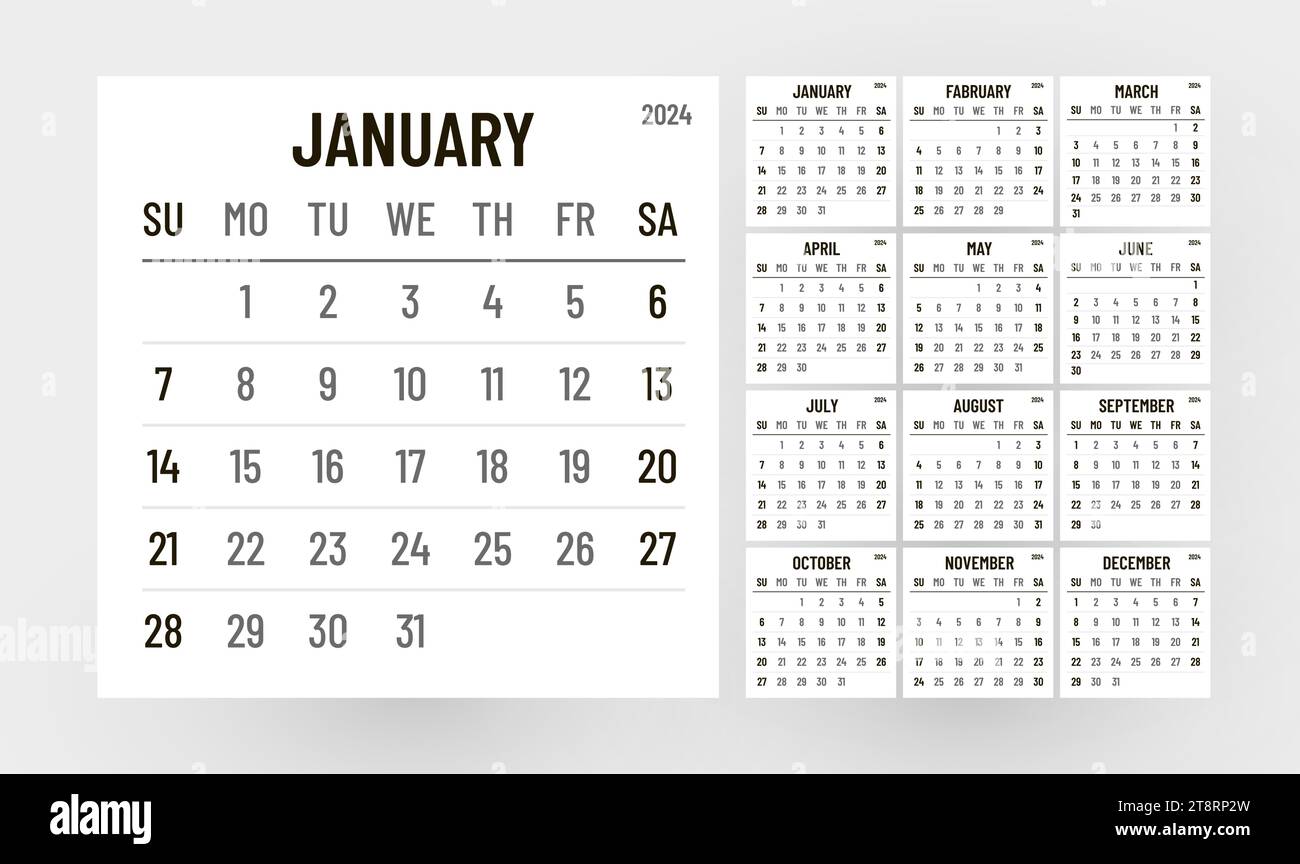 Classic monthly calendar for 2024. Minimalistic style calendar. Vector ...