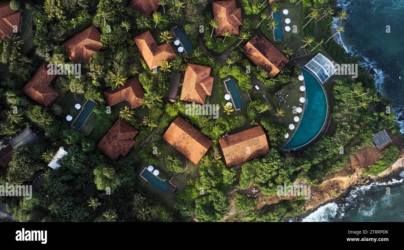 Aerial view of a premium hotel complex with swimming pools in Sri Lanka ...