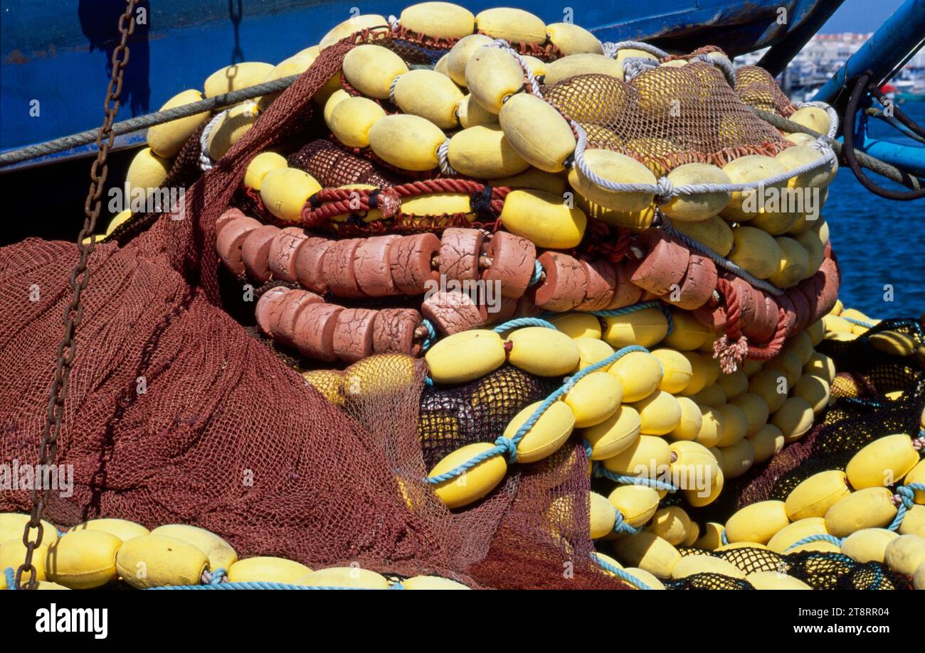 Fishing net and floats on trawler Peniche Estremadura Portugal Stock ...