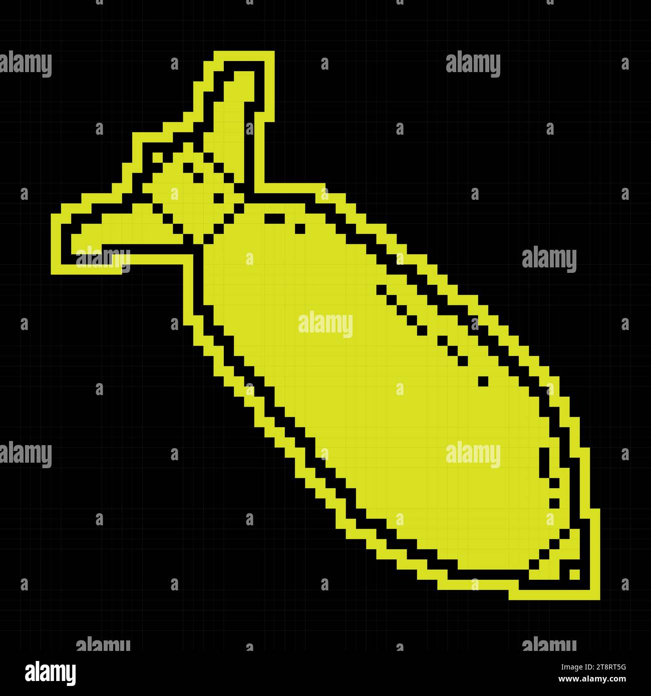 Pixel icon, Bomb, mortar shell, offensive weapon during combat. Simple black yellow vector ...