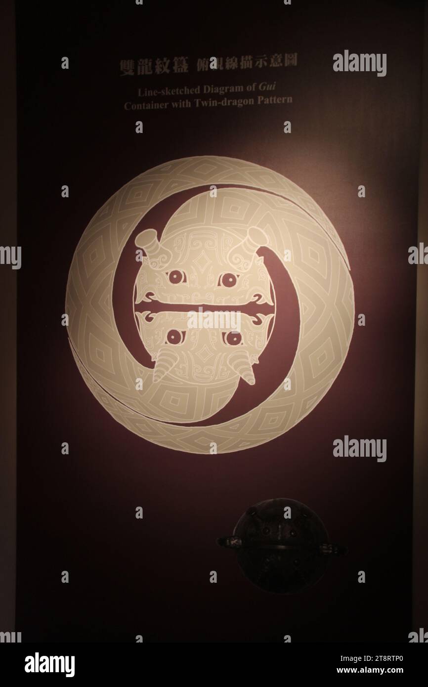 Line-sketched Diagram of Gui Container with Twin-dragon Pattern, Bronze ...