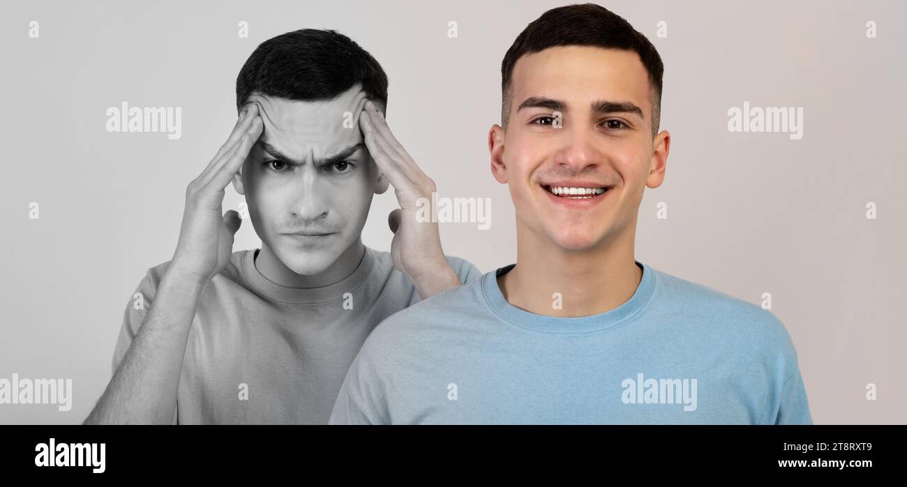 Mental Problems. Young Man Expressing Different Emotions, Felling Happy ...