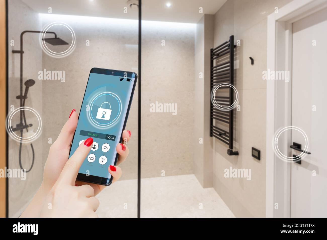 smart house, home automation, device with app icons. woman uses his ...