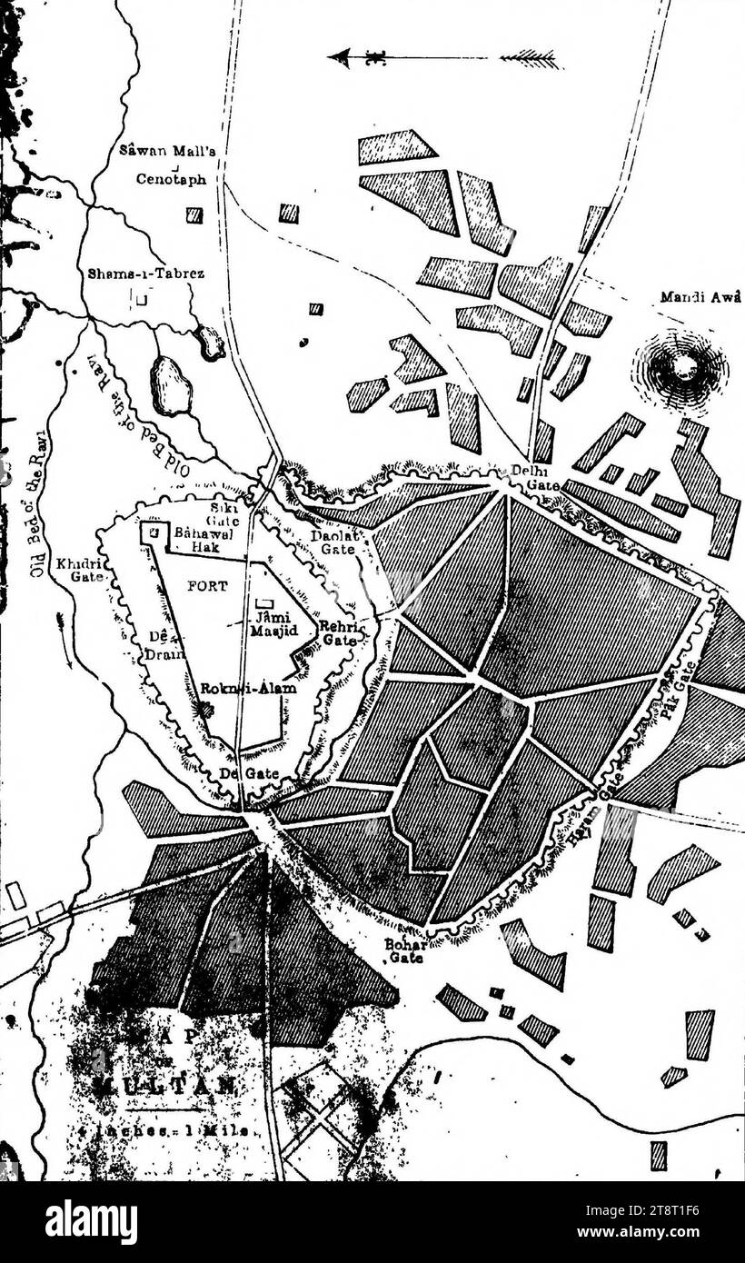This map of Multan from 1873 shows the prominence of the Multan Fort ...
