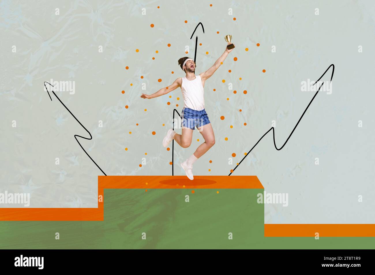 Creative poster collage of funny young man jumping have fun golden ...