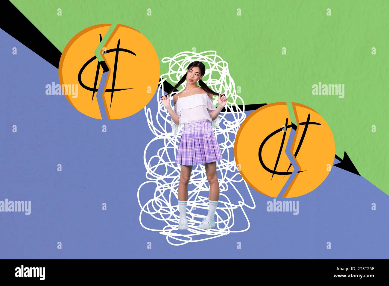 Artwork collage picture of unhappy sad lady having money devaluation ...