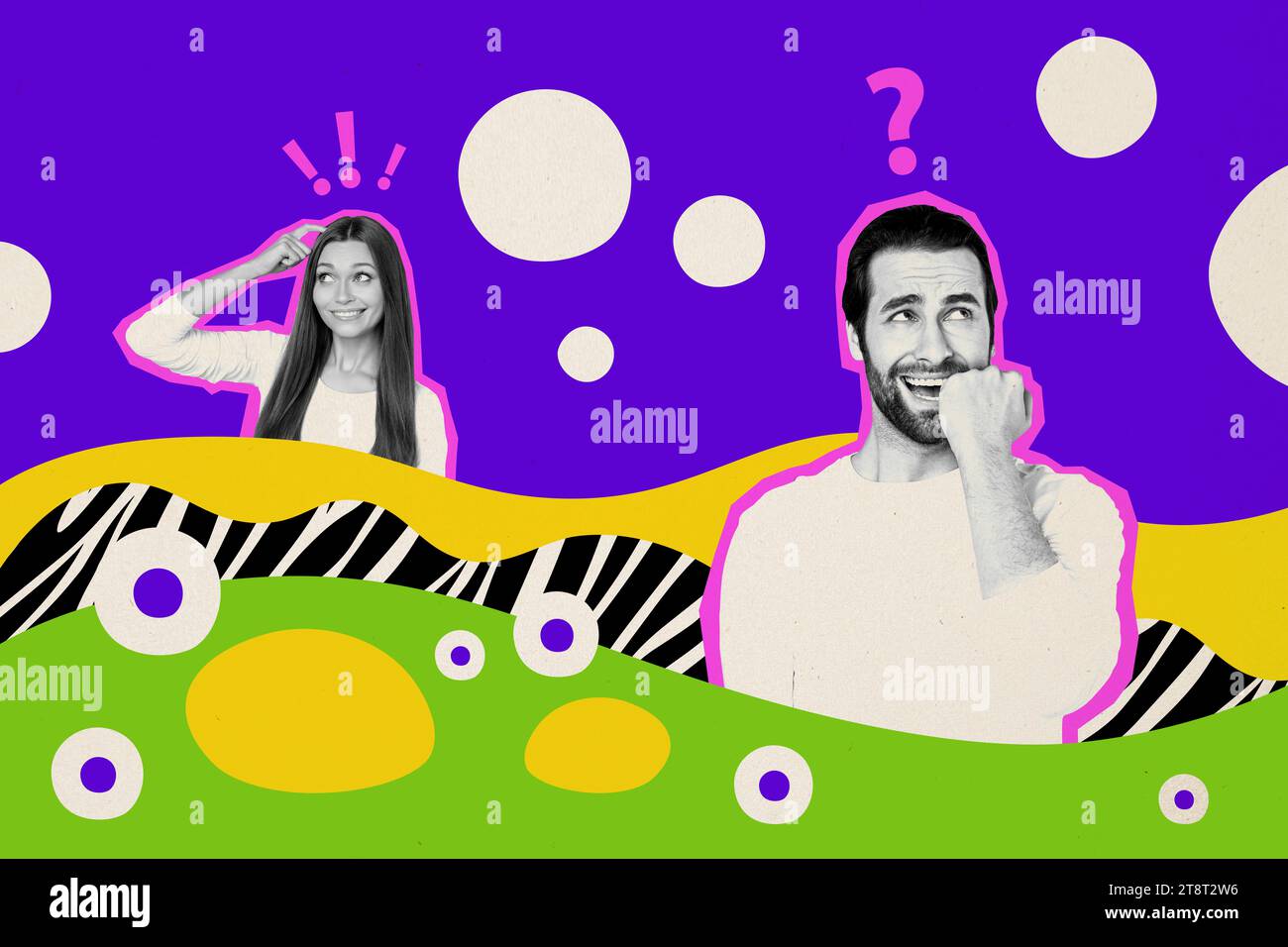 Collage image of two minded black white effect people exclamation ...