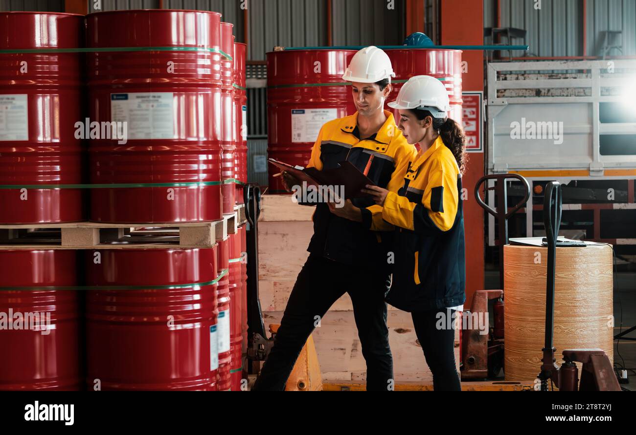 Two factory workers or inventory inspector conduct professional ...