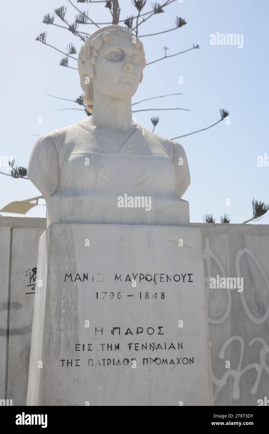 Greece, Aegean, Kyklades, Paros island statue of Manto Mavrogenou and ...