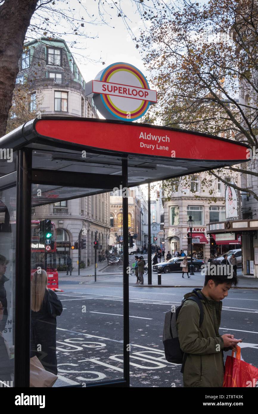 SL6 Superloop express bus route and bus shelter on the Aldwych, London ...