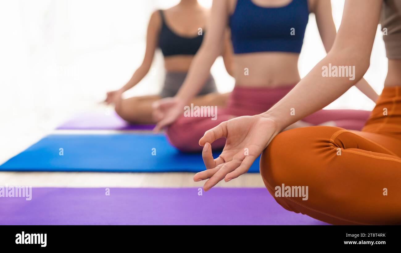 A close-up of a woman's hand in a mudra during a group meditation ...