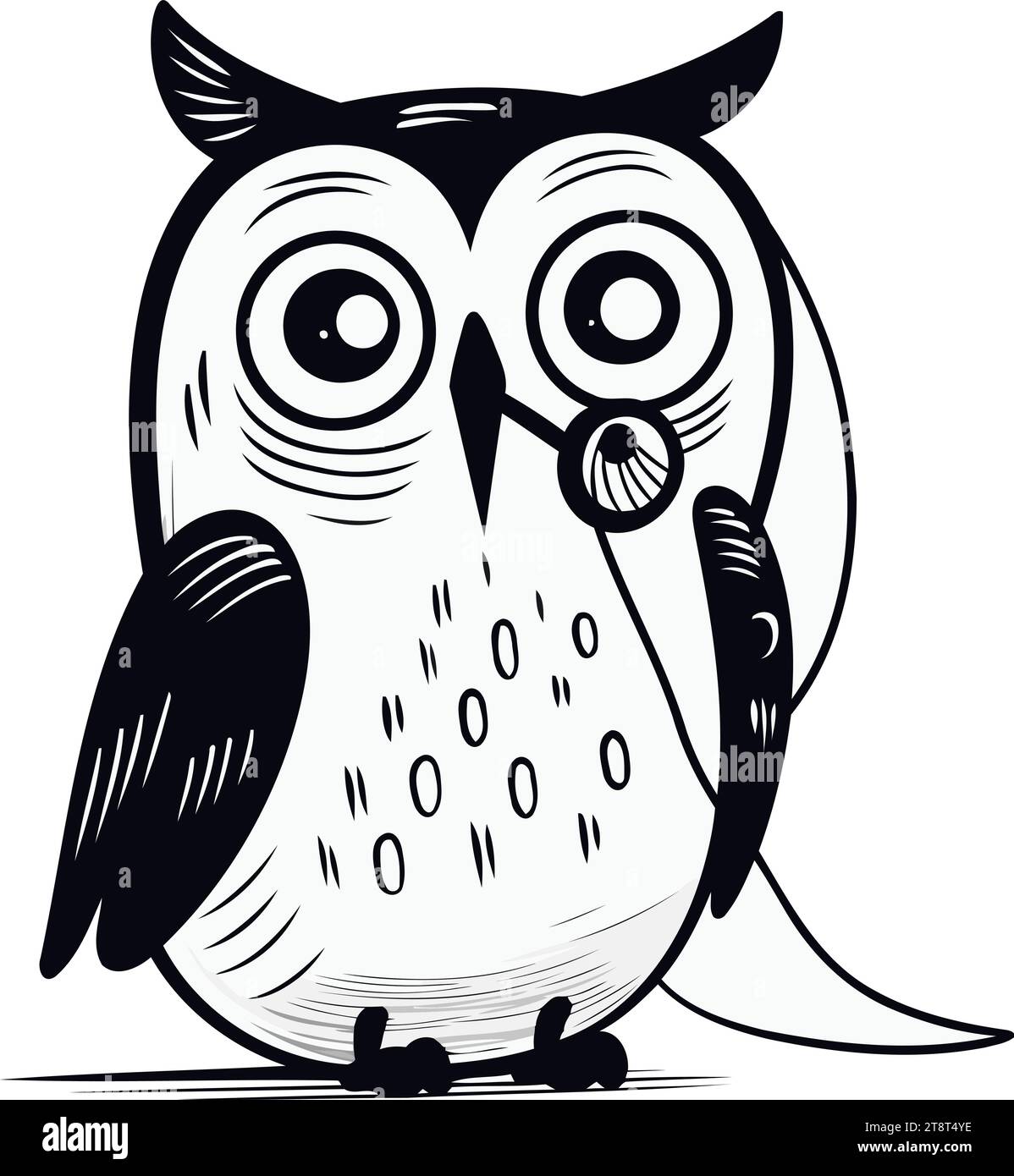 Owl with big eyes. Black and white vector illustration isolated on ...