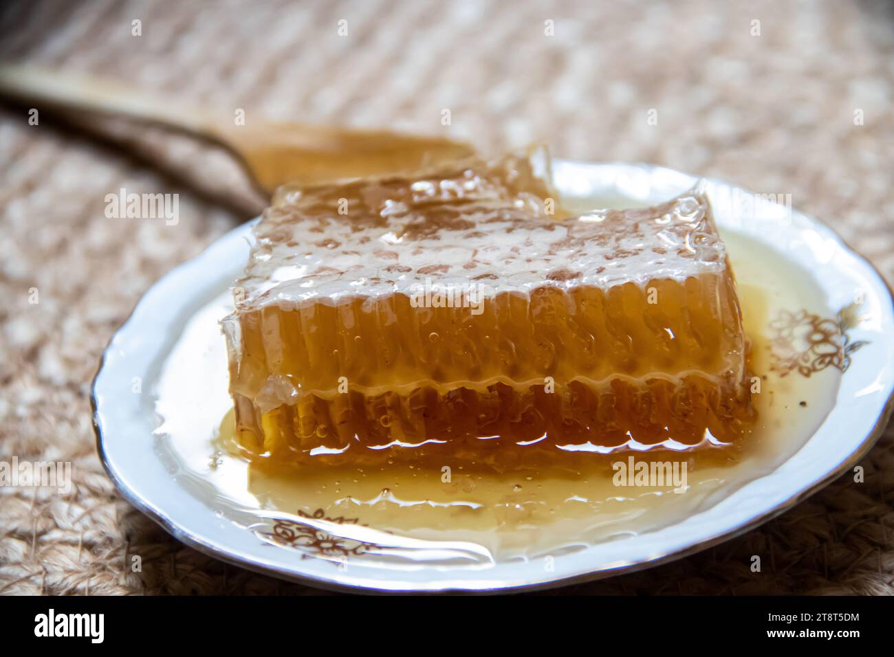 Fresh organic honeycomb with wooden spoon next to it, ready to sweet ...