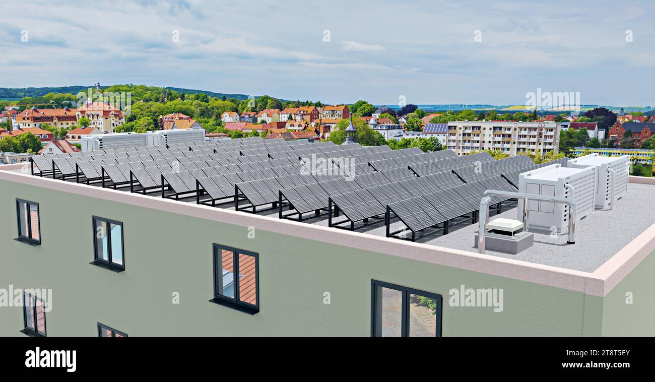 solar power panels installation with battery storage on the roof of a ...