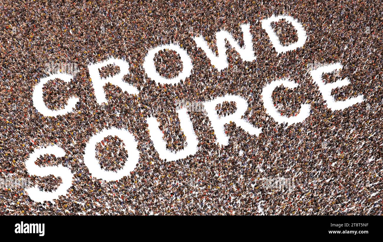 Conceptual large community of people forming CROWD SOURCE concept. 3d ...