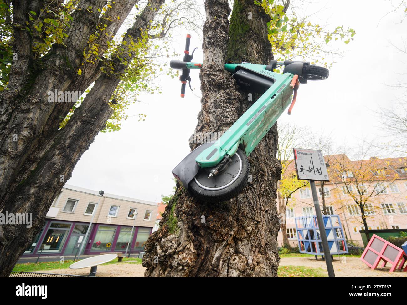 Hanover, Germany. 21st Nov, 2023. An electric scooter hangs in a tree ...