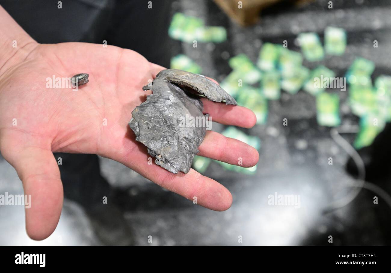 Stuttgart, Germany. 21st Nov, 2023. Parts of a blown-up ATM are shown ...