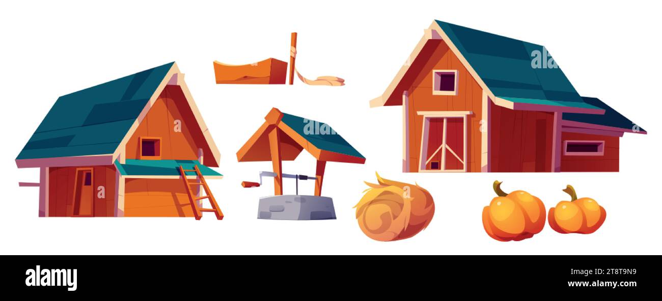 Red wooden farm buildings and harvest. Cartoon vector illustration set ...