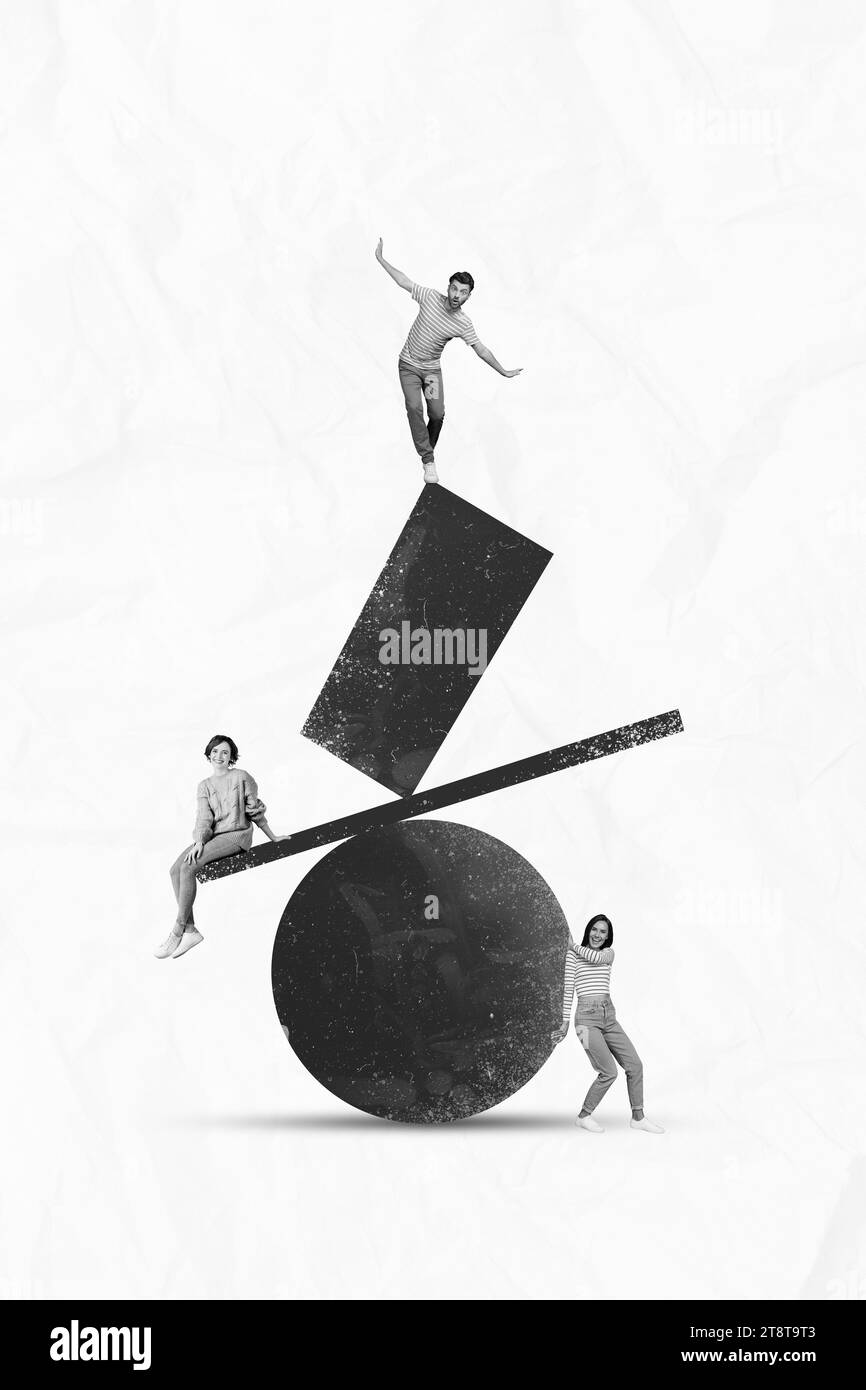 Vertical collage template of funny man on top balance during girls ...