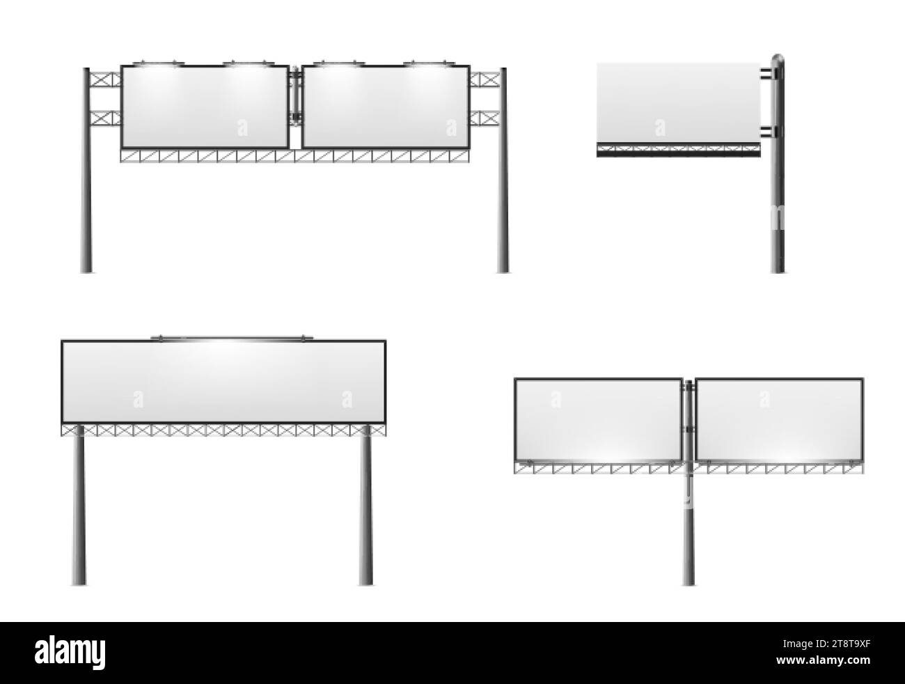 Street billboard mockup with blank white banner and lamps on metallic pillars. Realistic vector ...