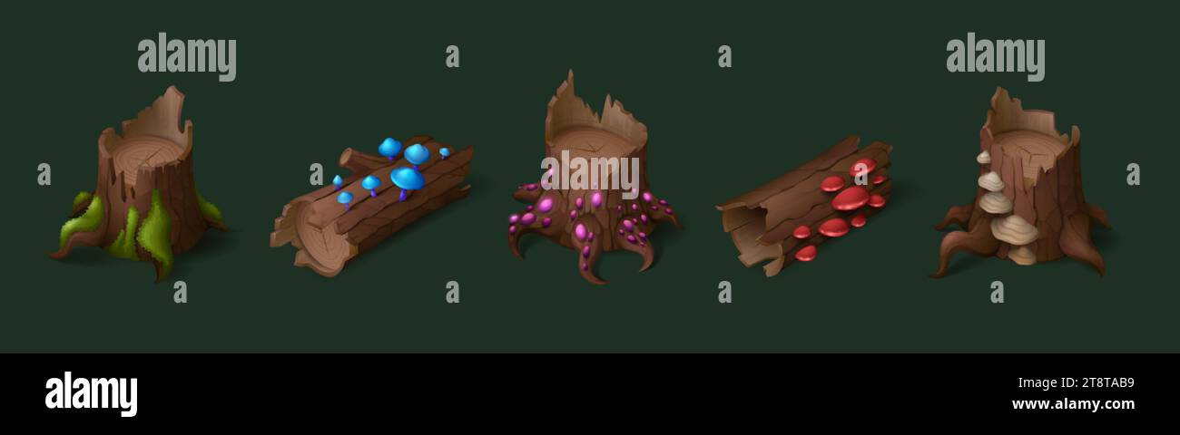 Cartoon tree stump and log with moss and fantasy bright glowing ...