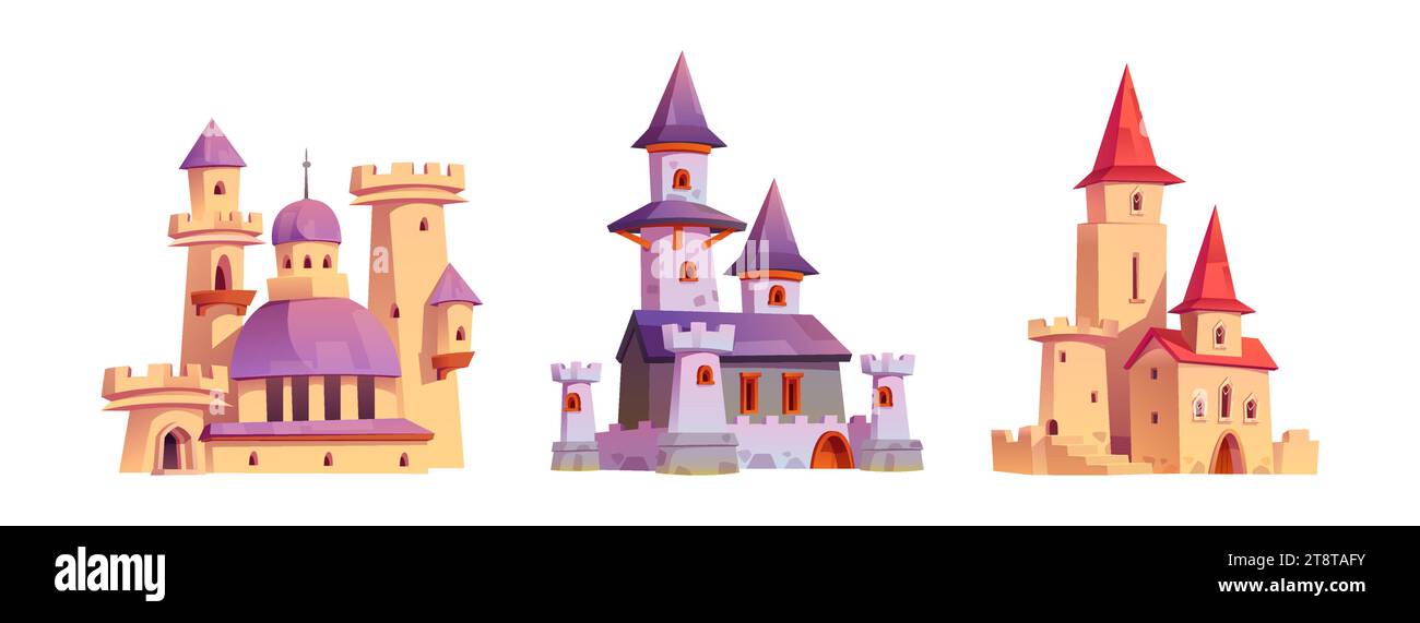 Fairytale medieval royal castle with flags on towers, windows and gates ...