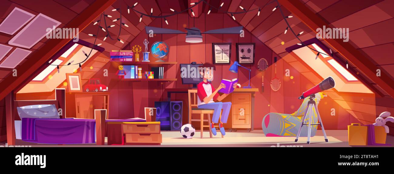 Teen boy reading book in attic bedroom. Vector cartoon illustration of ...